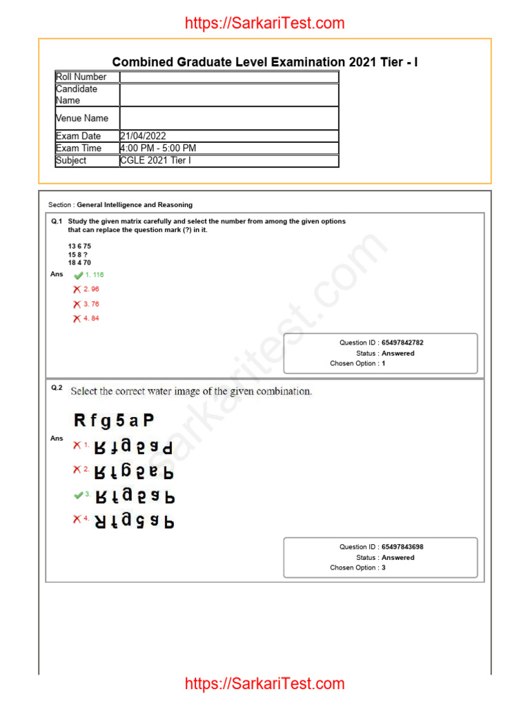 SSC CGL Tier 1 Question Paper 21 April 2022 3rd Shift in English | PDF