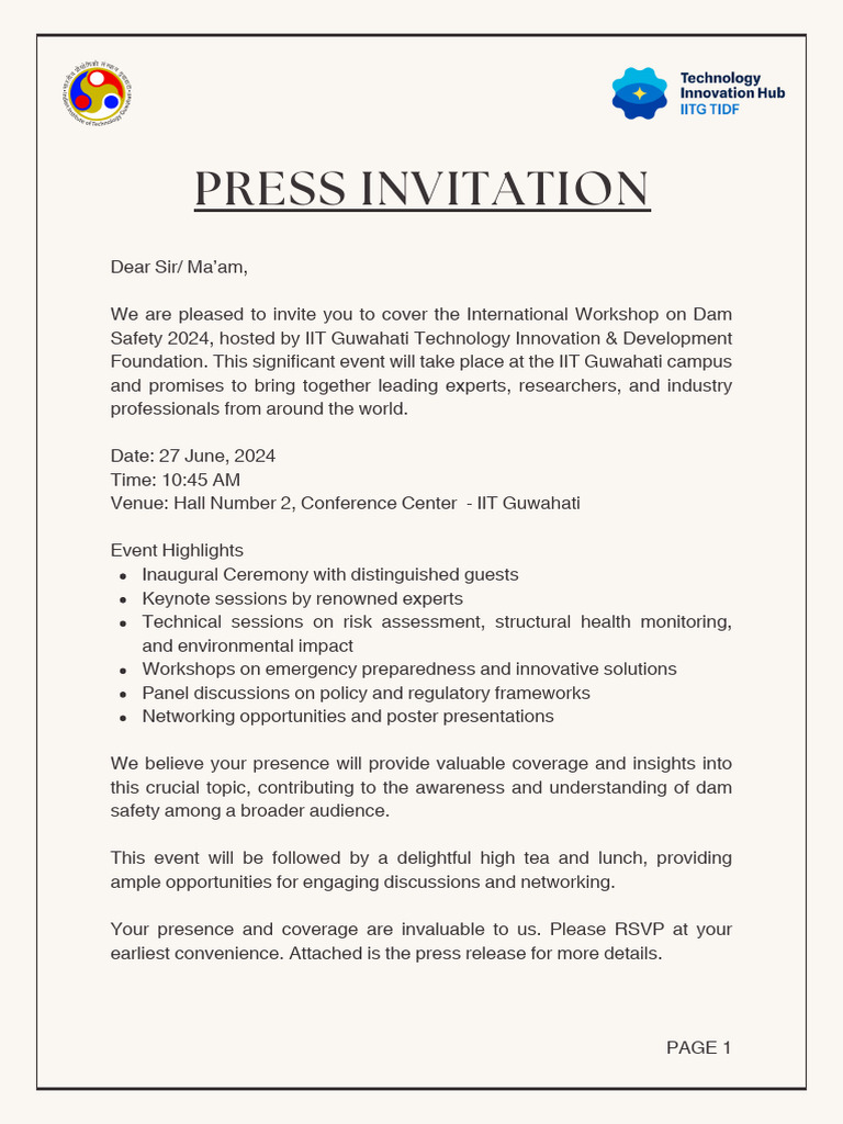 Press Invitation - International Workshop On Dam Safety 2024 - IIT ...