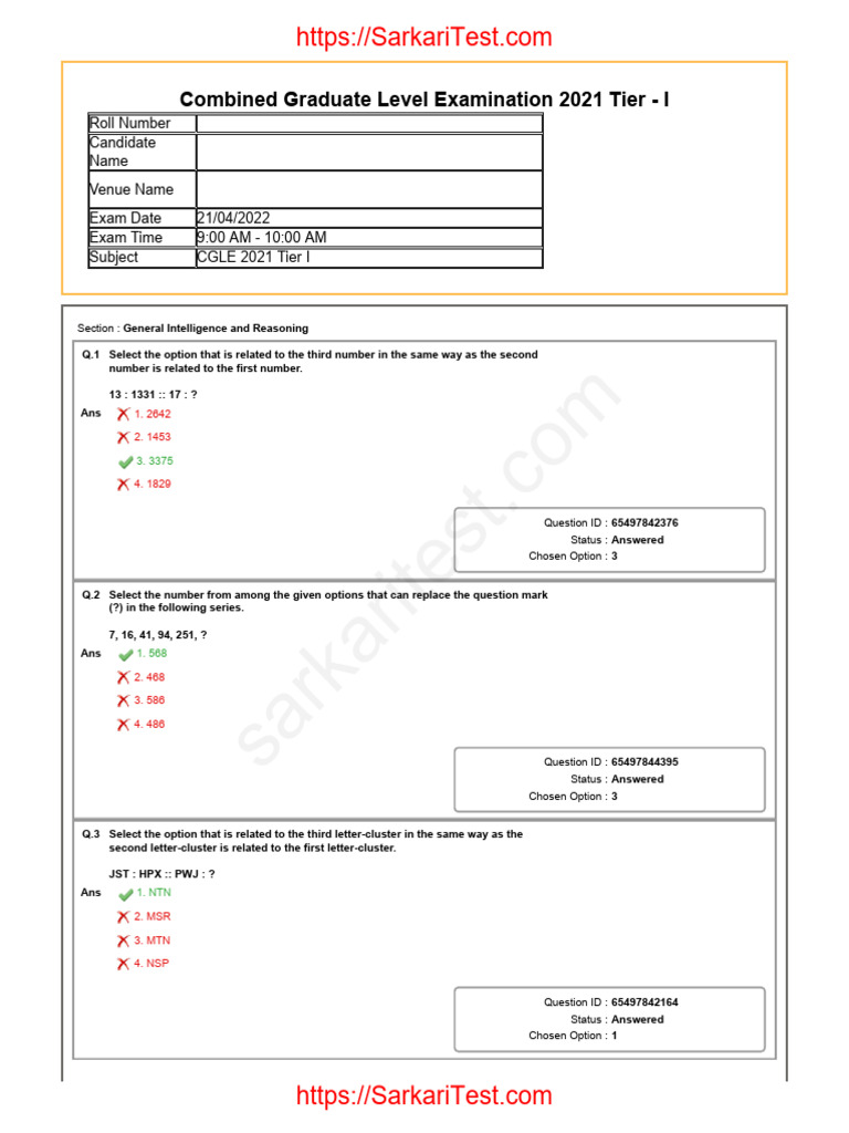 SSC CGL Tier 1 Question Paper 21 April 2022 1st Shift in English ...