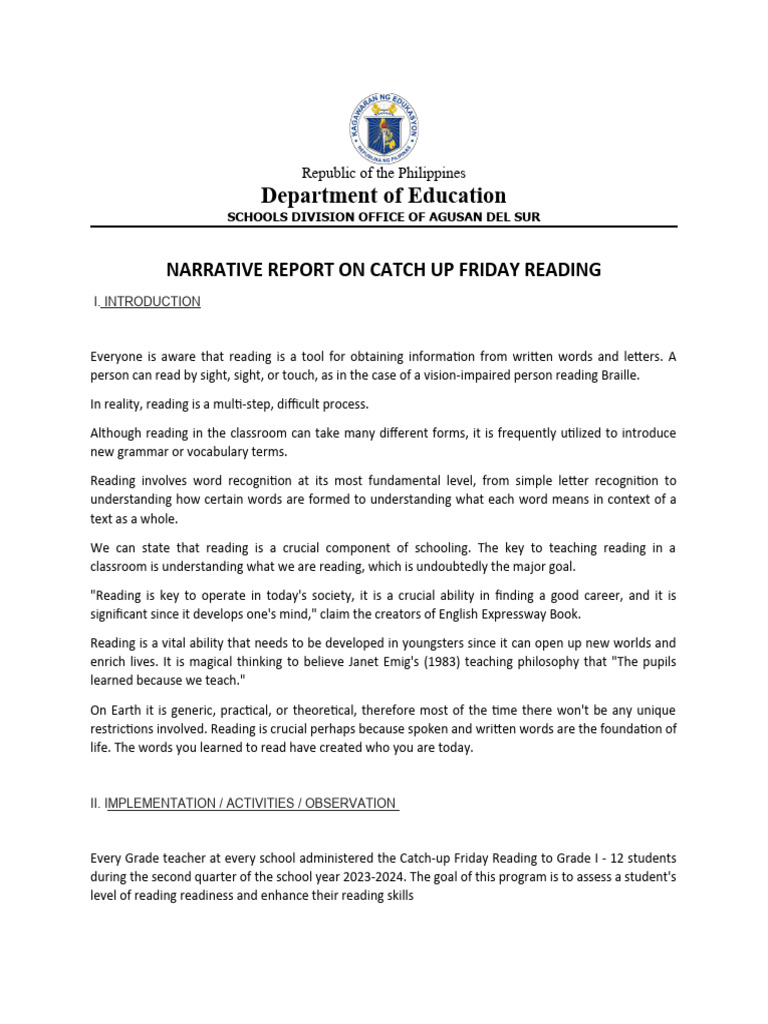 NARRATIVE REPORT ON CATCH UP FRIDAY READING | PDF | Teachers | Learning