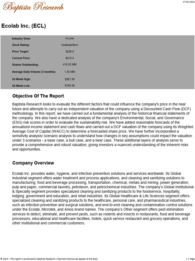 Ecolab Report | PDF | Balance Sheet | Discounted Cash Flow