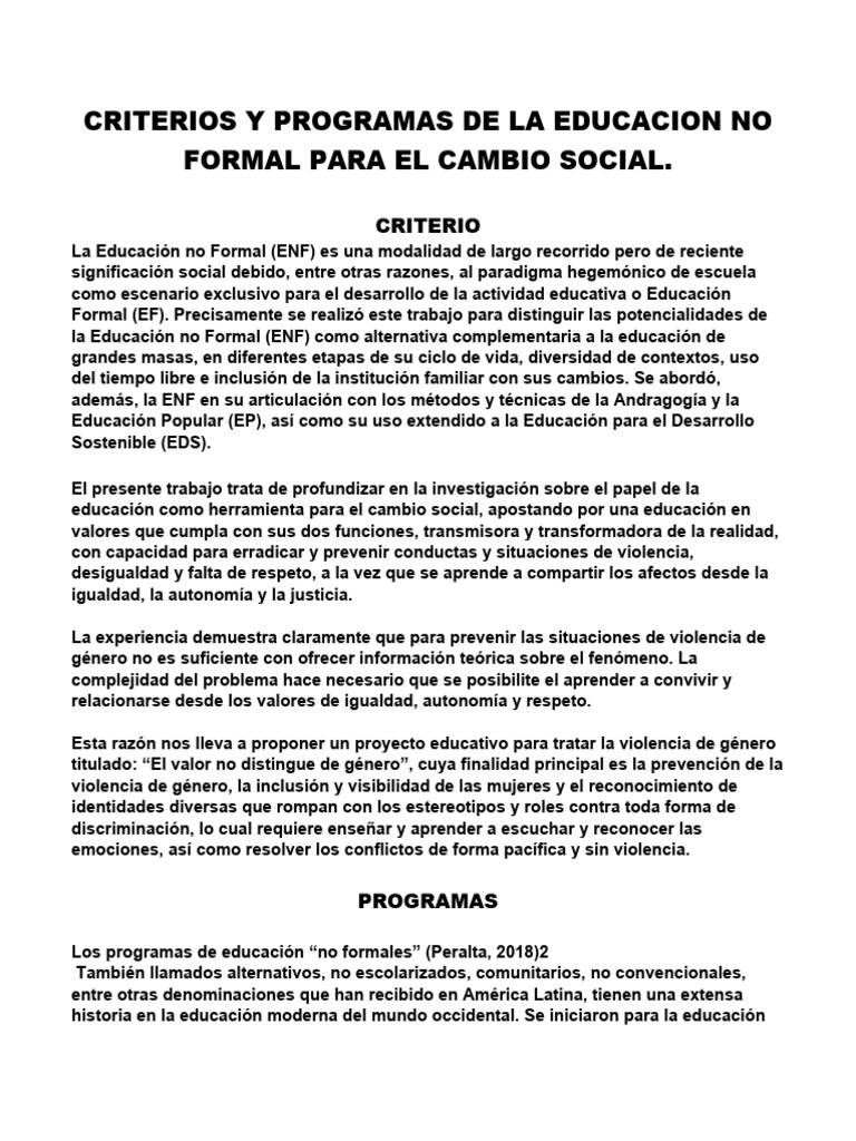 Criterios y Programas de La Educacion No Formal para El Cambio Social ...