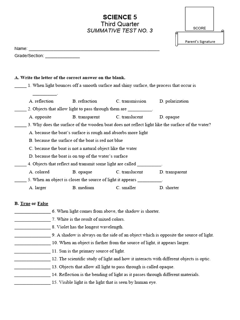 Third Quarter: Science 5 | PDF | Light | Reflection (Physics)