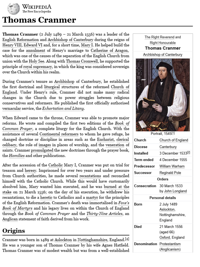 Thomas Cranmer - Wikipedia | PDF | Book Of Common Prayer