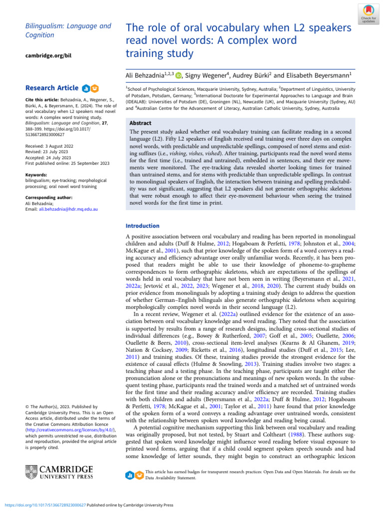 The Role of Oral Vocabulary When l2 Speakers Read Novel Words A Complex ...