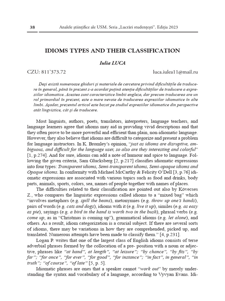 IDIOMS TYPES AND THEIR CLASSIFICATION Iulia LUCA | PDF | Idiom | Phrase