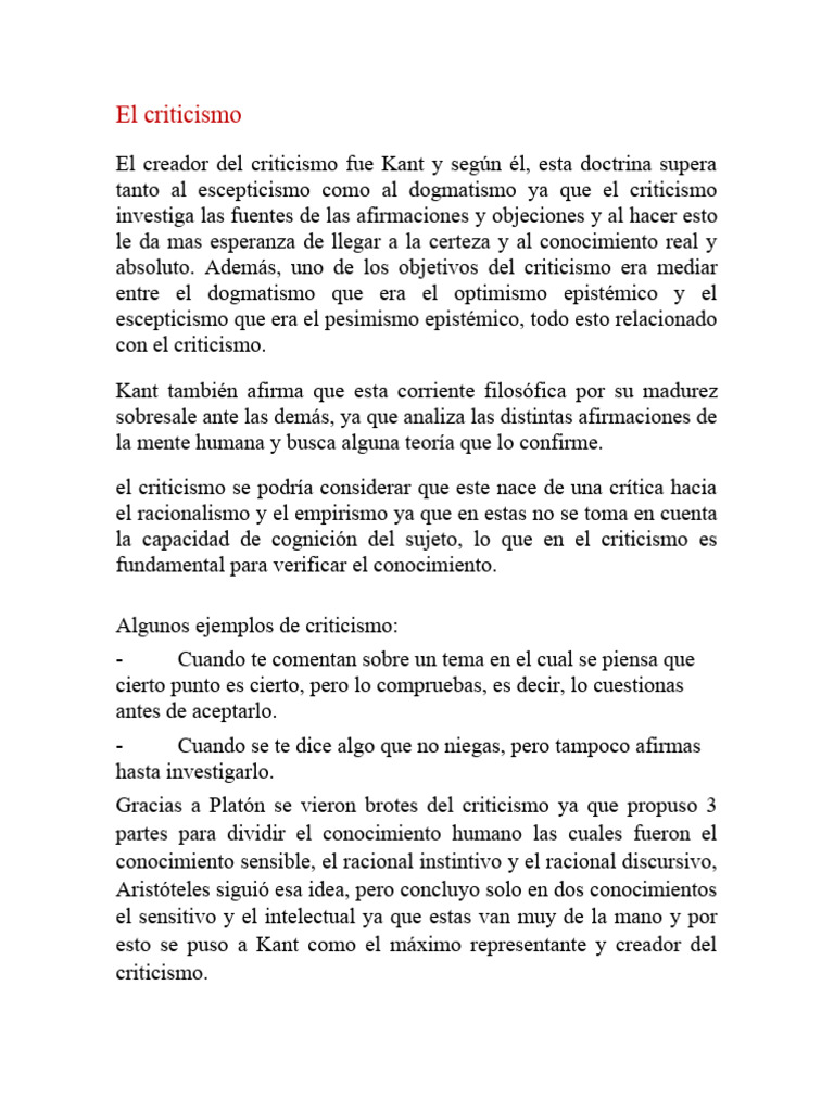 El Criticismo | PDF | Conocimiento | Immanuel Kant