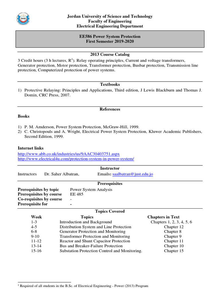 Syllabus EE 586 | PDF | Electrical Substation | System