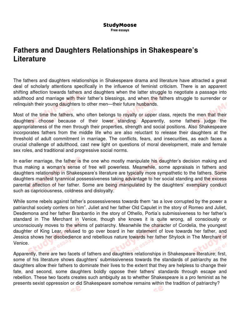 Fathers and Daughters Relationships in Shakespeares Literature | PDF ...