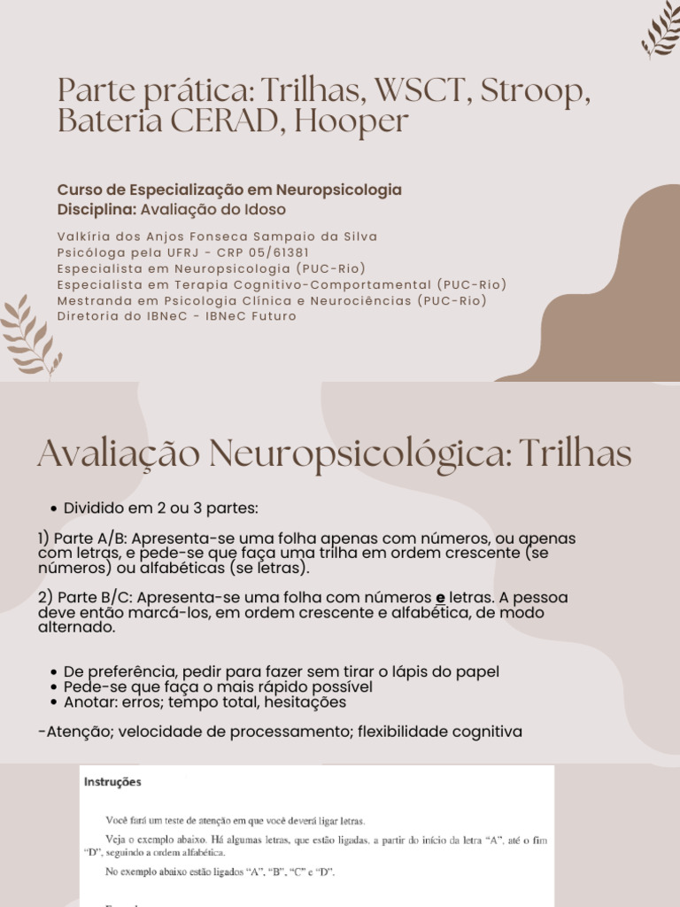Trilhas, WSCT, Stroop, Bateria CERAD, Hooper - Pós São Camilo | PDF | Neuropsicologia | Memória