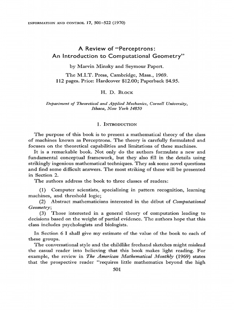 A Review of Perceptrons - Minsky&Papert by H.D. Block | PDF | First ...