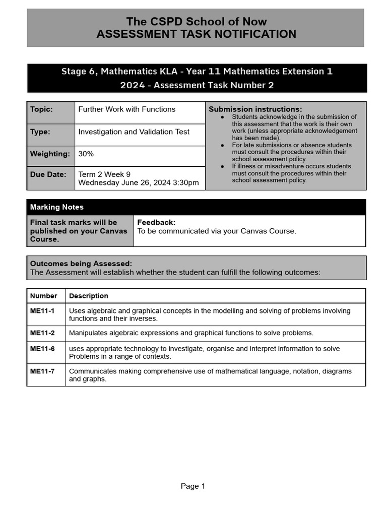 SON - 2024 - Year 11 - Mathematics Extension I - Assessment Task 2 Notification | PDF | Function ...