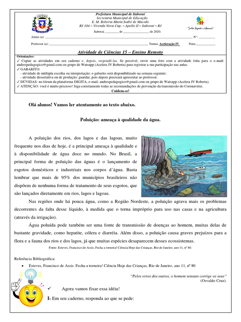 Atividade 15 Texto Lúdico sobre Questões Ambientais (Poluição da Água ...