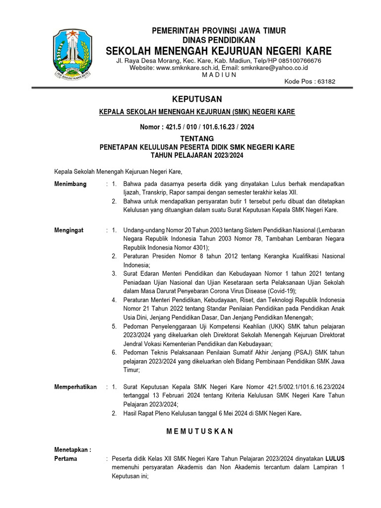 SK Ketetapan Kelulusan Kelas Xii TP 2023 2024 1 | PDF