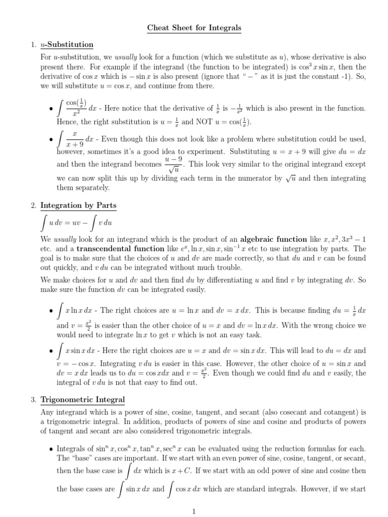 Integrals Cheat Sheettt | PDF | Trigonometric Functions | Elementary ...