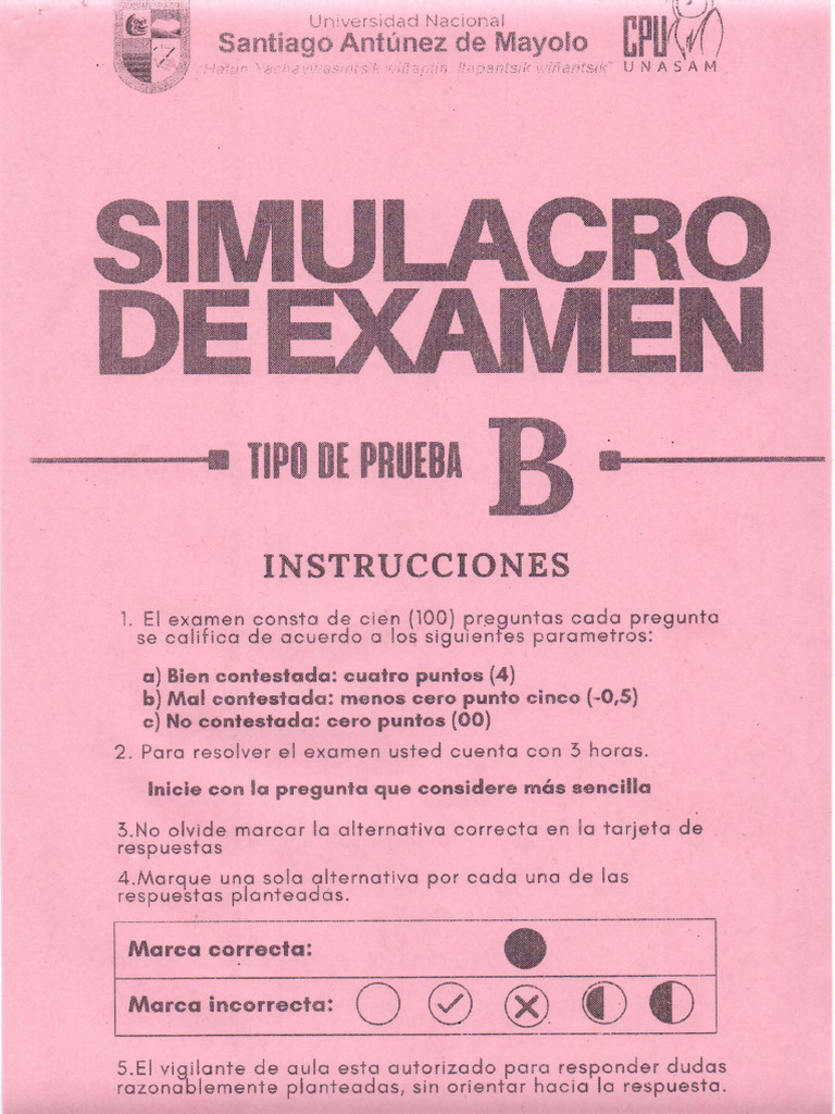 Simulacro de Examen de Admisión Cpu Unasam 2023-I Área (B) | PDF