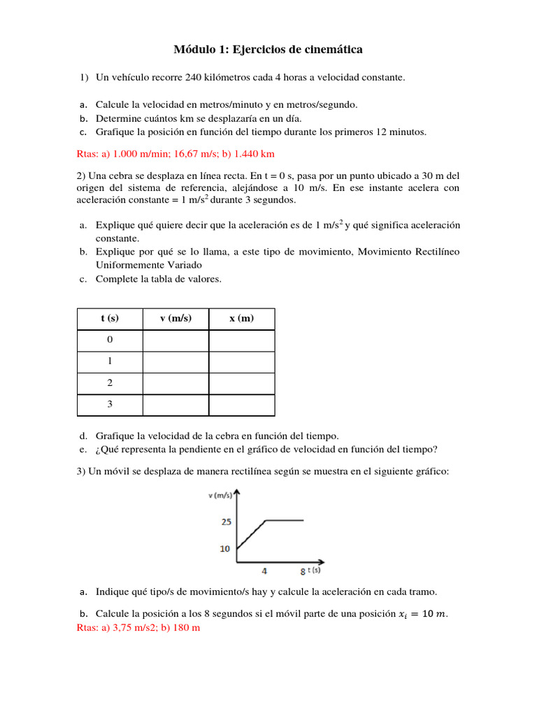 Ejercicios Cinemática | PDF | Aceleración | Velocidad