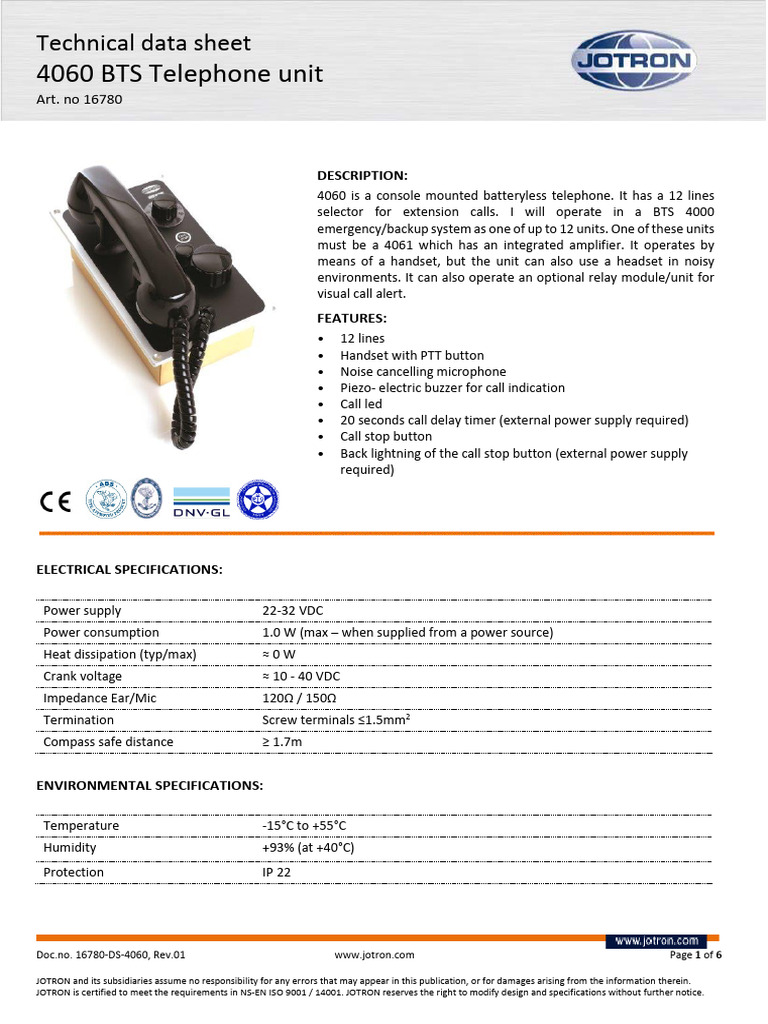 Jotron data_sheet_16780-ds-4060_bts_telephone_unit_541848 | PDF ...