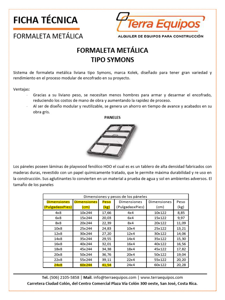 Ficha Formaleta Symons | PDF | Material compuesto | Hormigón
