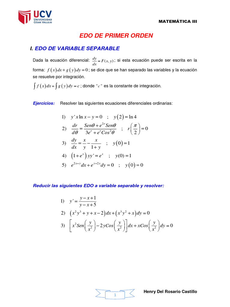 Edo de Variable Separable | PDF | Ecuaciones | Ecuaciones diferenciales