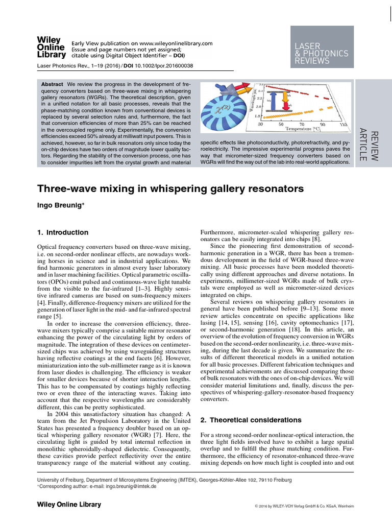 Three-wave mixing in whispering gallery resonators | Download Free PDF | Nonlinear Optics | Laser