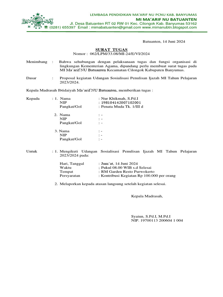 062-063 Surat Tugas Nurkhikmah | PDF