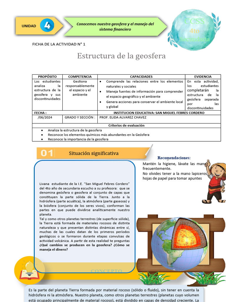 Ficha de Actividad N ° 1 Unidad #4 CCSS para 4° - 2024 | PDF | Tierra ...