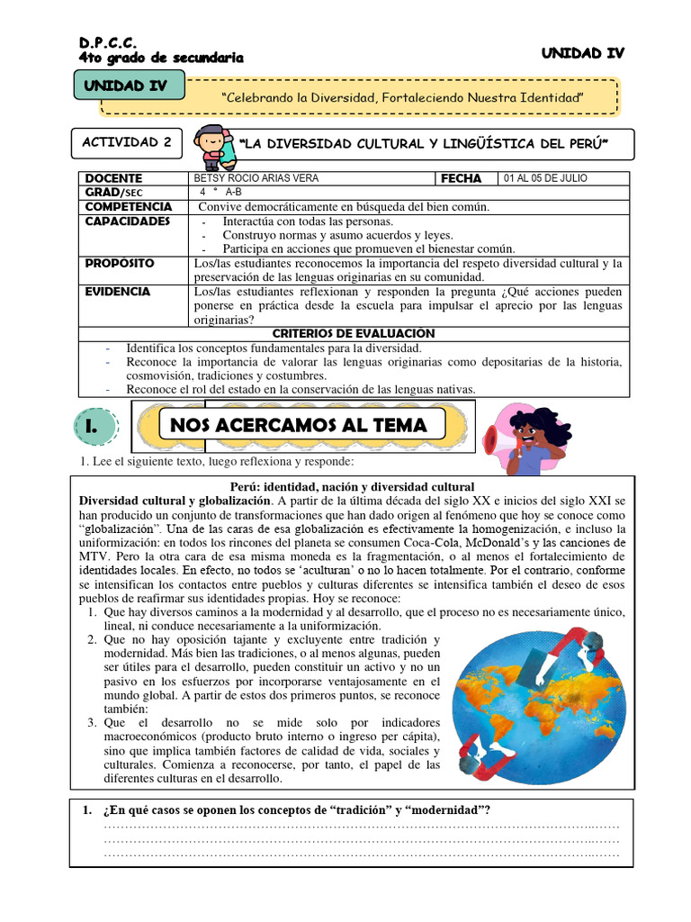 4° DPCC - Actv.02-Uni.4 2024 | PDF | Sociedad | Multiculturalismo