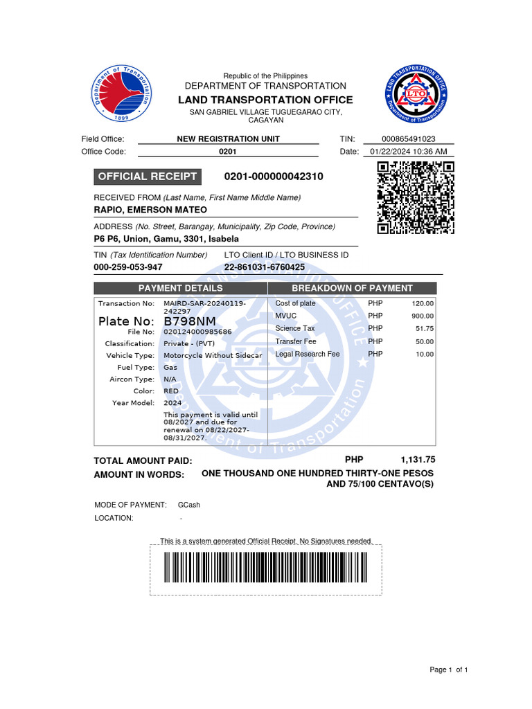 Lto 0201-000000042310 | PDF | Vehicles | Payments