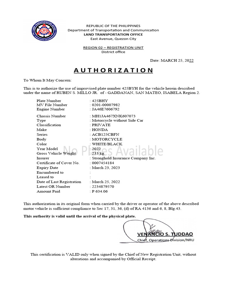 LTO Authorization Imp. Plate | PDF