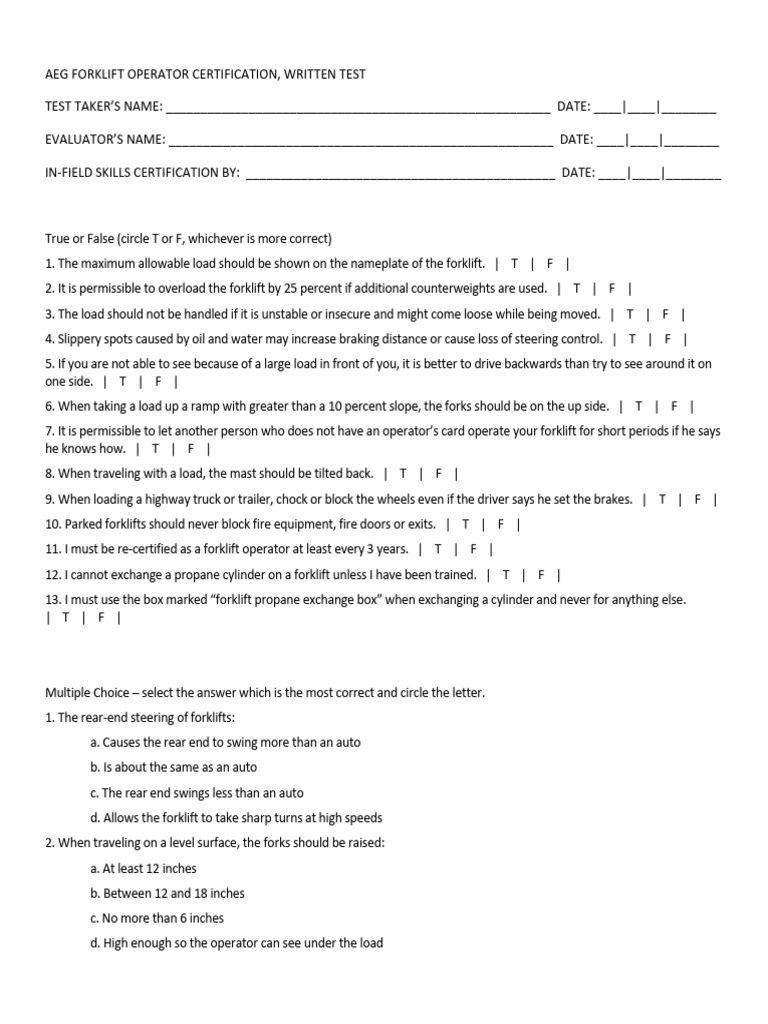 Forklift Operator Written Test | PDF | Forklift | Wheeled Vehicles