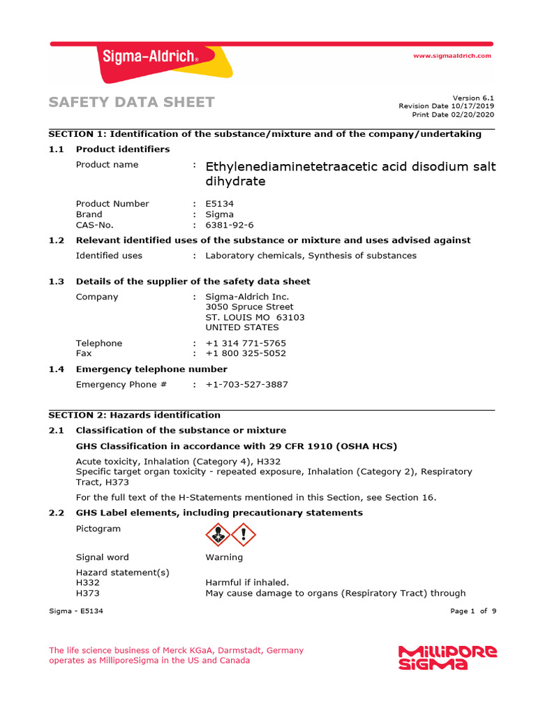 EDTA Disodium Salt Safety Data Sheet | PDF | Working Conditions | Chemistry