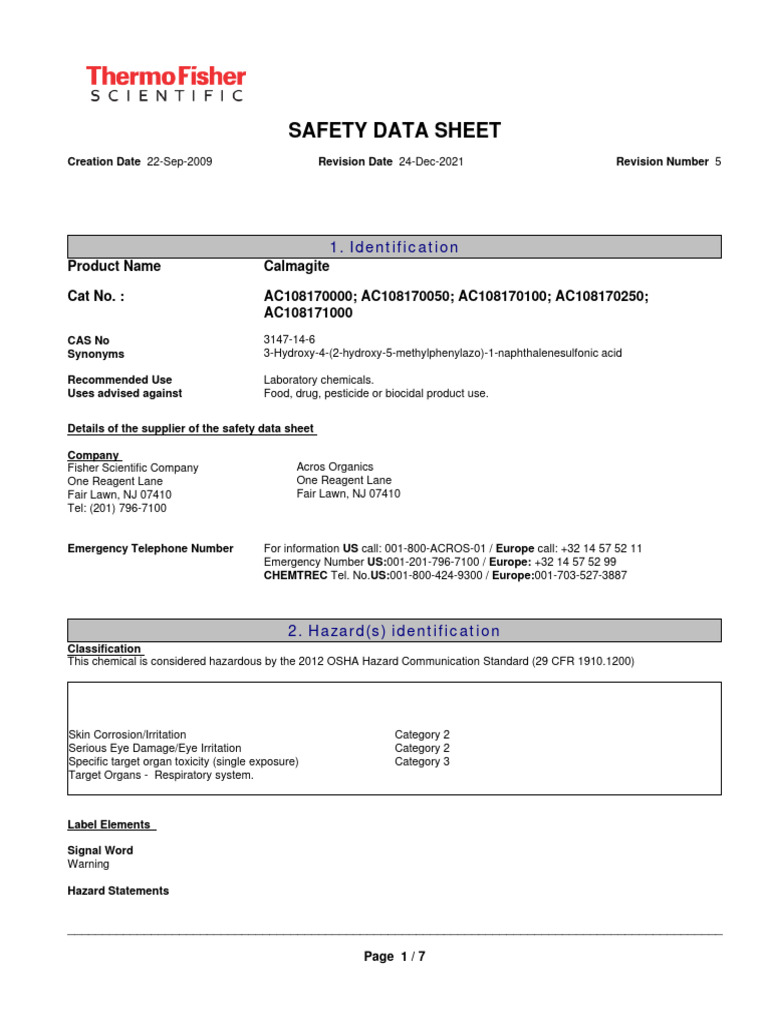 Calmagite Safety Data Sheet | PDF | Personal Protective Equipment ...