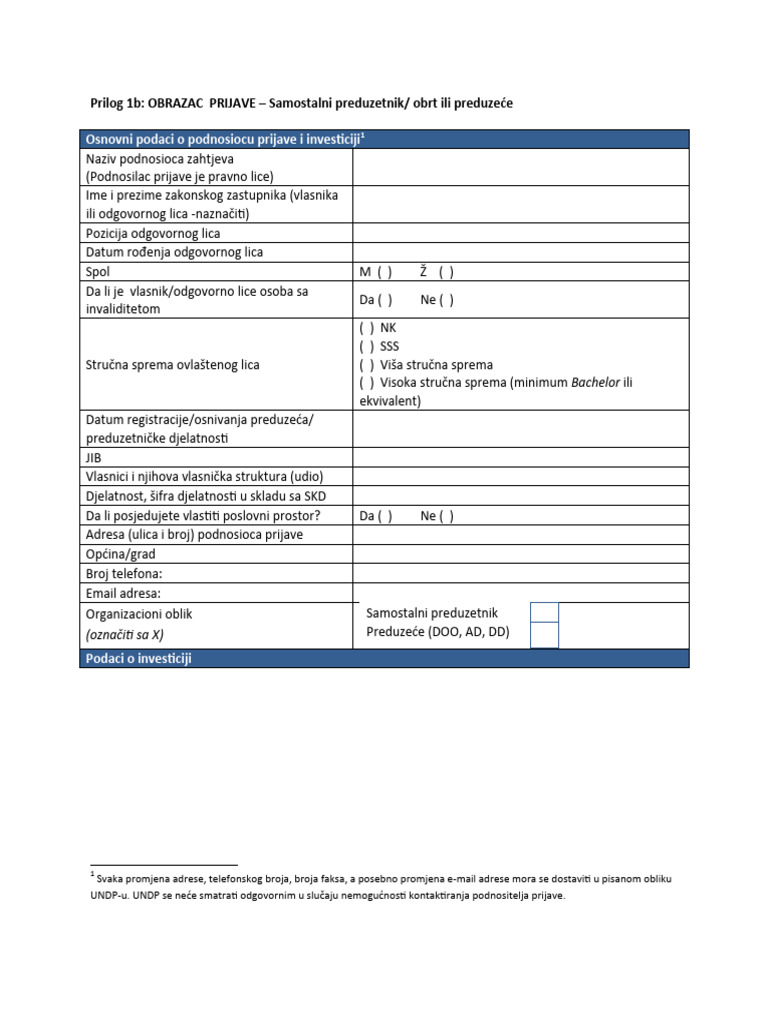 Prilog 1b OBRAZAC PRIJAVE - Samostalni Preduzetnik Obrt Ili Preduzece JP Start Up | PDF