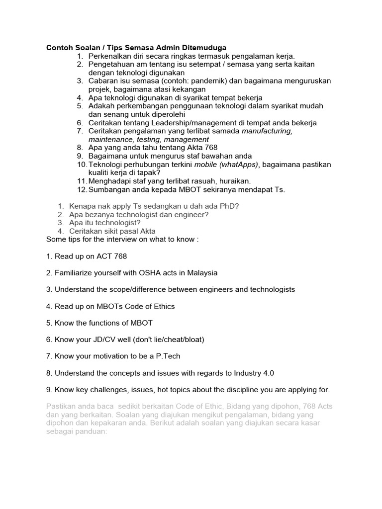 Contoh Soalan Interview MBOT | PDF