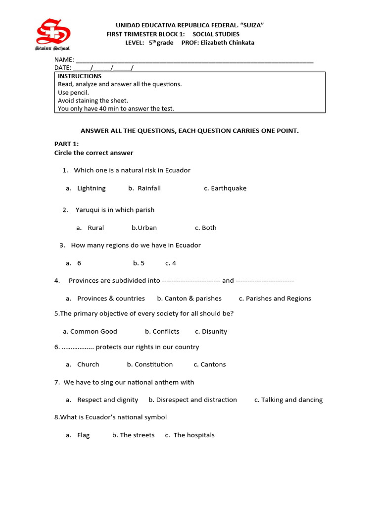 FIRST TRIMESTER BLOCK 1 SOCIAL STUDIES (5th Grade) | PDF | Social ...