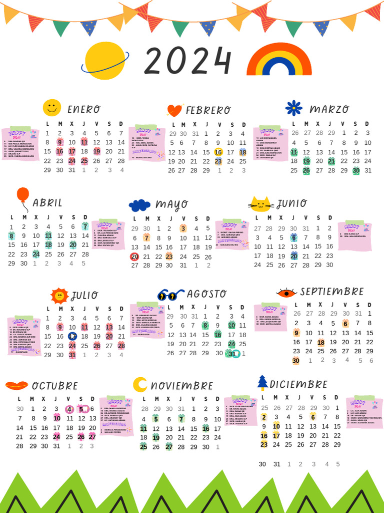 Documento A4 Calendario 2024 Infantil Colorido | PDF