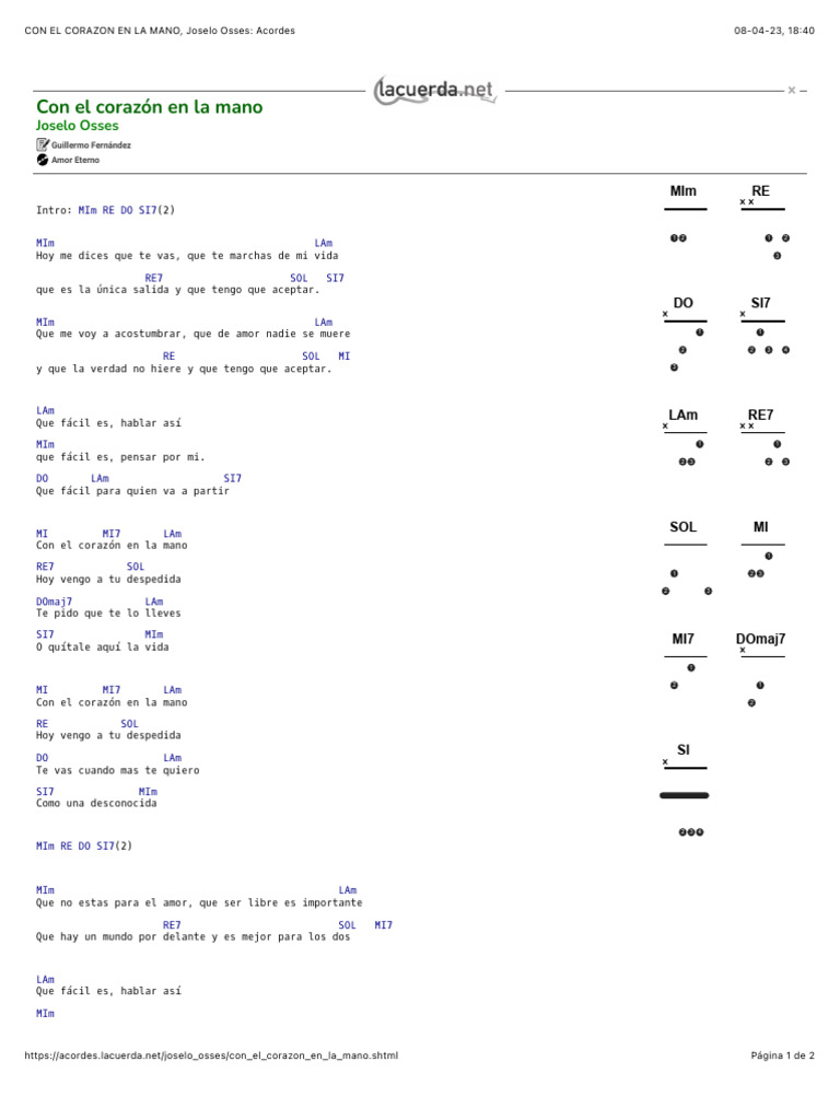 Con El Corazon en La Mano, Joselo Osses: Acordes | PDF