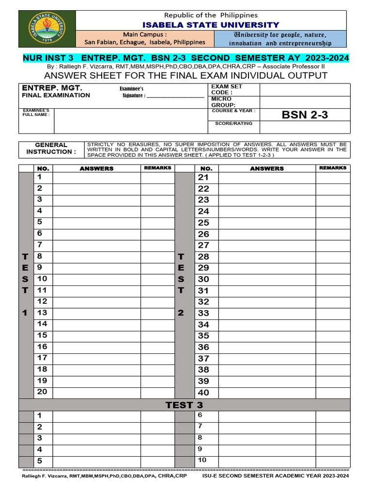Answer Sheet Template BSN 2 3 Entrep MGT Final Exams Secsem 2023 2024 ...