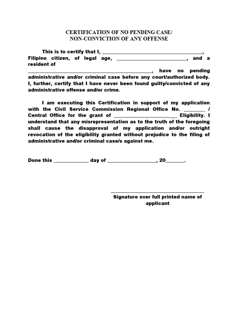 Sample Certification (No Pending Administrative Case) | PDF | Finance & Money Management ...