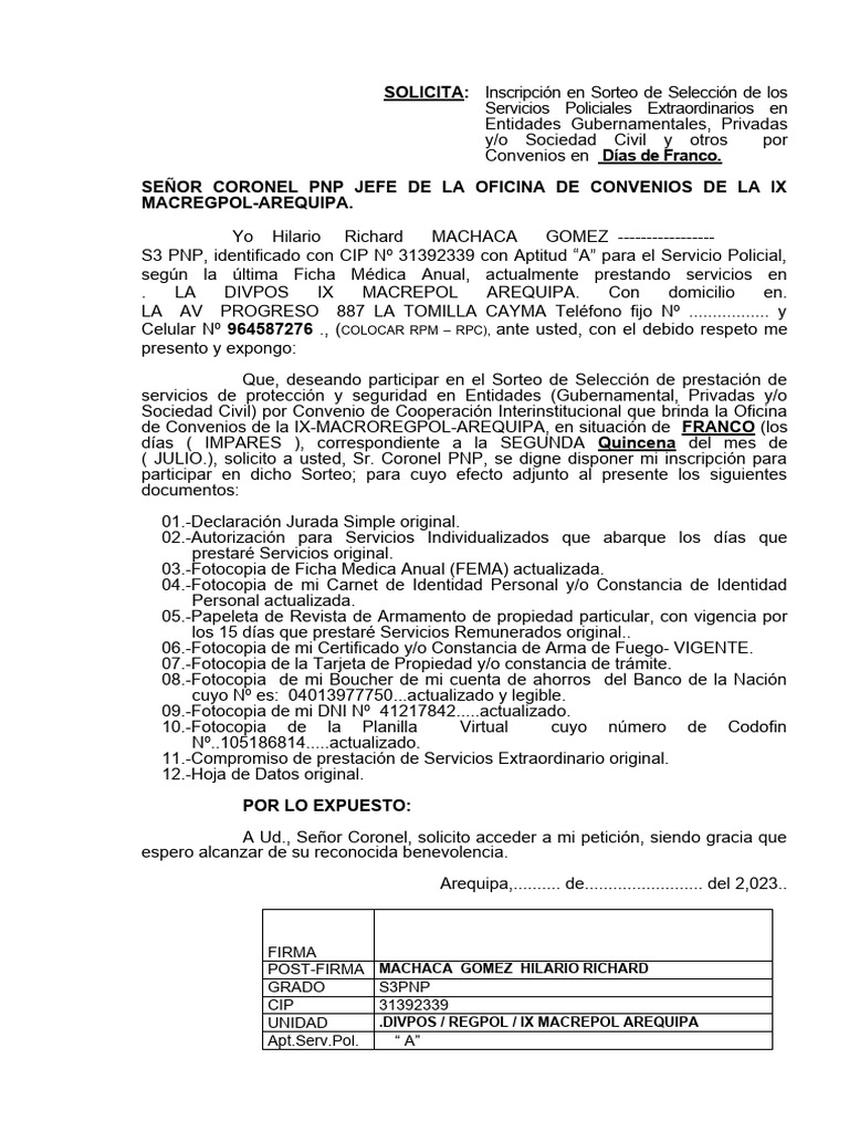 Solicitud Franco - 2023 | PDF | Policía | Documento de identidad