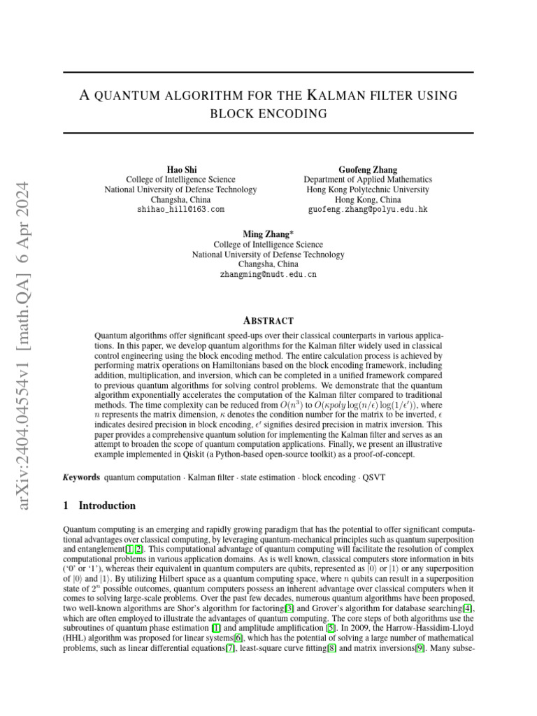 A Quantum Algorithm For The Kalman Filter Using Pdf Matrix Mathematics Kalman Filter