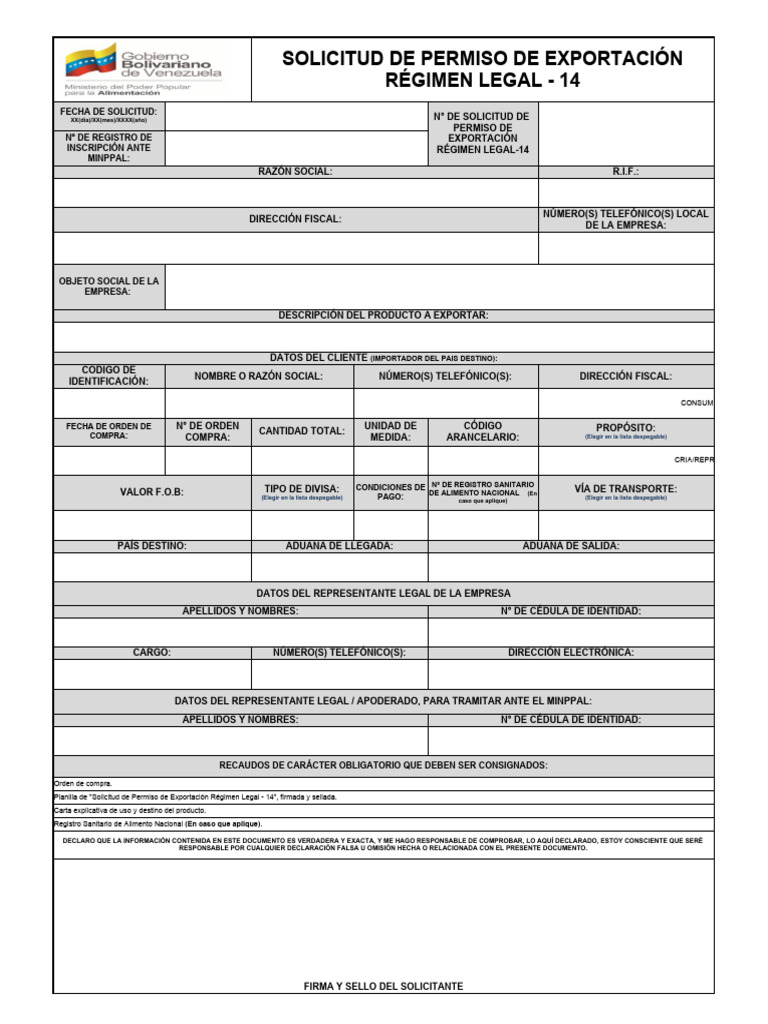 Planilla de Solicitud de Permiso de Exportación Régimen Legal - 14 ...