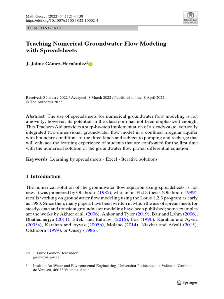 Teaching Numerical Groundwater Flow Modeling With Spreadsheets | PDF | Summation | Microsoft Excel