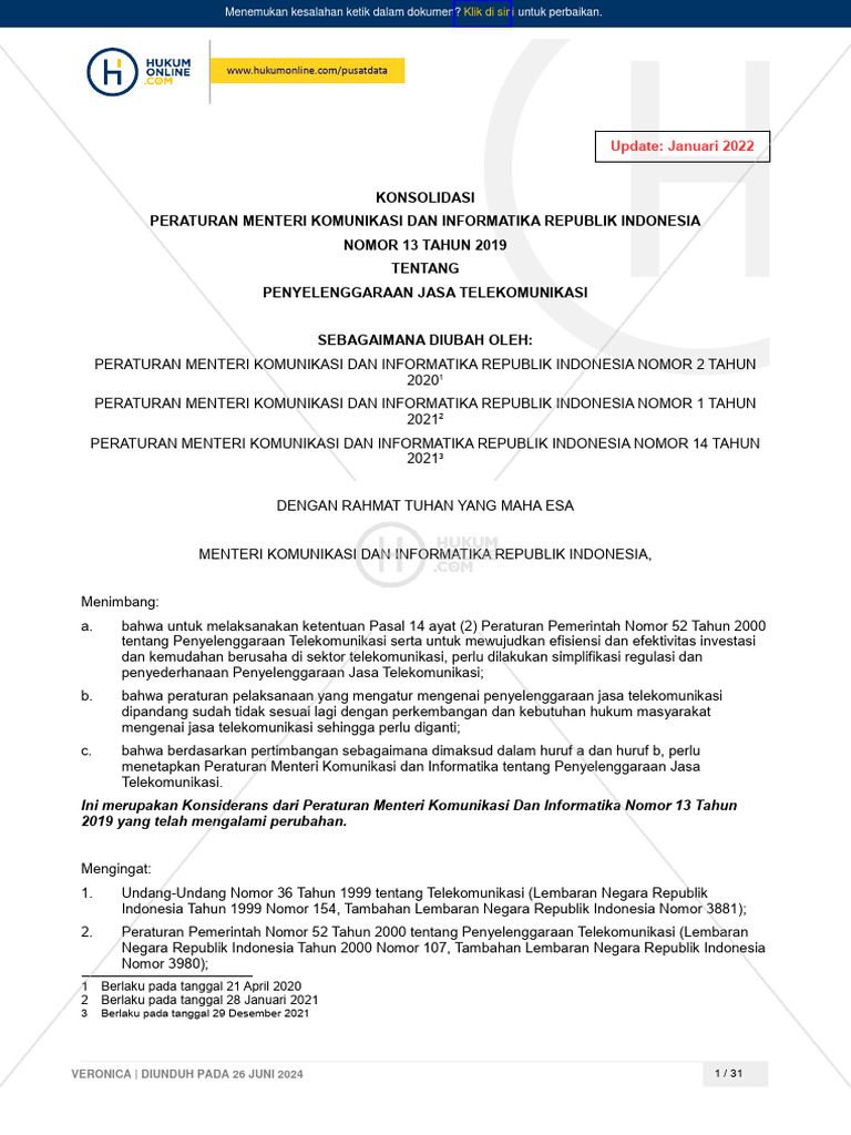 Permen Kominfo 13 2019 Rev-Jan22 Kns | PDF | Pengelolaan Keuangan & Uang | Komputer