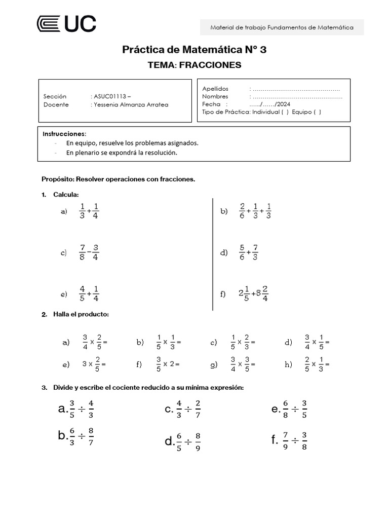 Práctica 3 - Operaciones Con Fracciones | PDF | Matemáticas