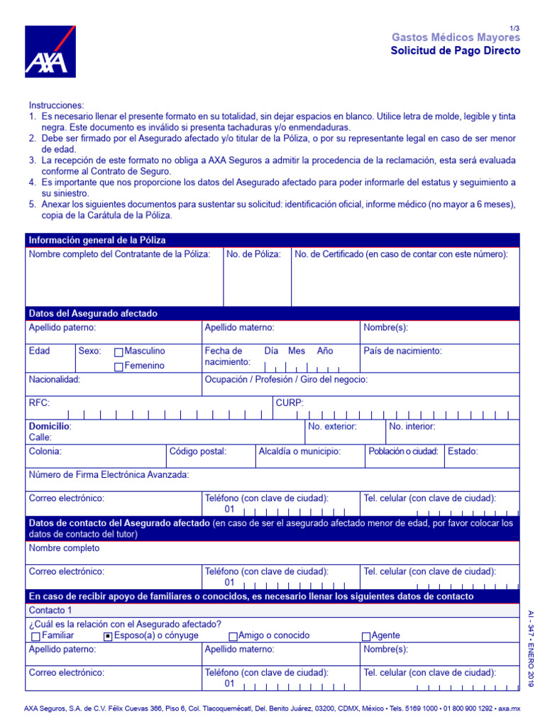 GMM Formato Pago Directo AXA | PDF | Póliza de seguros | Seguro