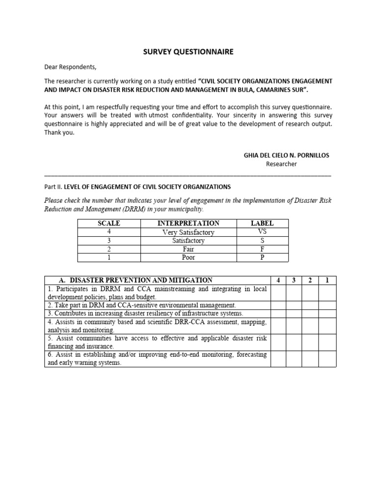 SURVEY QUESTIONNAIRE | PDF | Emergency Management | Disaster Risk Reduction