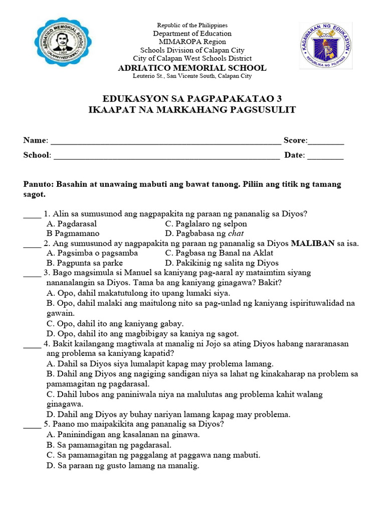 4th Periodical Test EsP 2024 | PDF