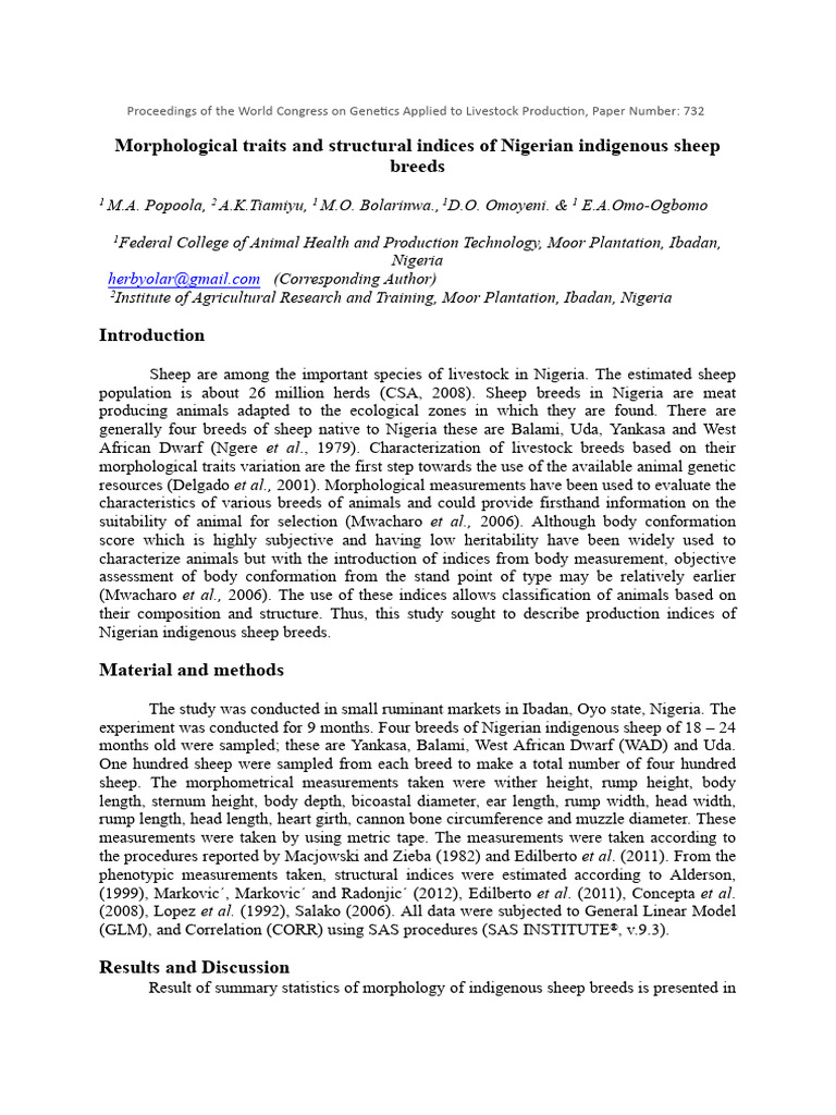 Morphological Traits and Structural Indices Nigerian Indigenous Sheep Breeds | PDF | Thorax | Sheep